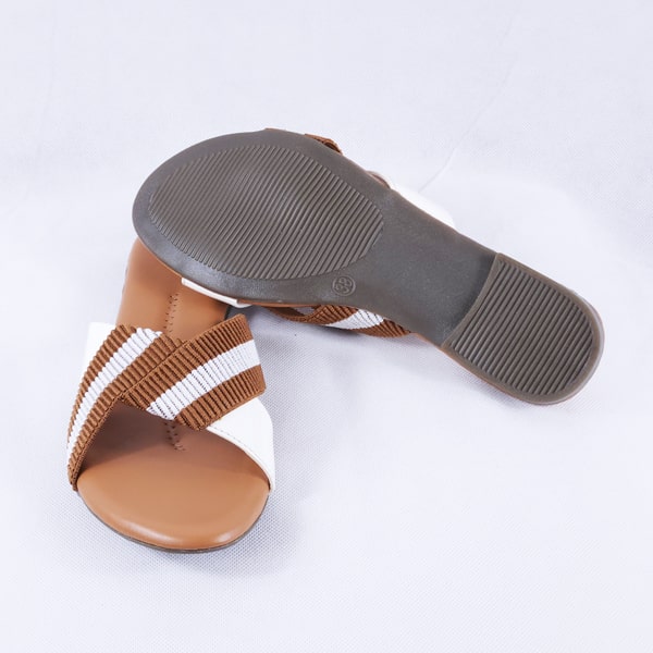 WalkORama | Dorthy Patent White and Tan Flat Slides